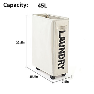 WRPLU Rolling Slim Laundry Hamper with Wheels, Waterproof, Durable, Beige