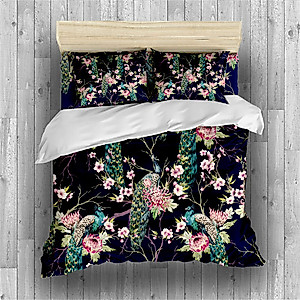 REALIN Peafowls Duvet Cover Set Chinese Style Bedding Noble Green Peacock Bed Sets 2/3/4PCS Quilt Covers/Sheets/Pillow Shams,Twin/Full/Queen/King (E,King-229x259cm-4PCS)