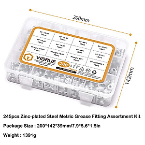 VIGRUE Grease Fittings, 245 Pieces SAE & Metric Grease Fitting Assortment Kit, Standard Grease Fittings Grease Zerks, Straight and Angled Perfect for Replacing Missing or Broken Zerk Fitting