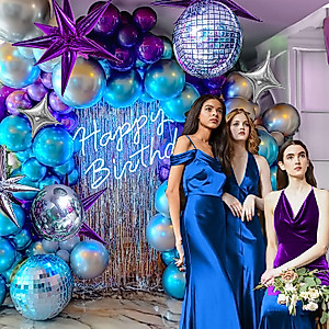 Chrome Purple and blue Disco Balloon garland Arch Kit 160pcs Metallic disco party decorations with Starburst disco ball balloons for Galaxy birthday 2024 graduation prom decorations
