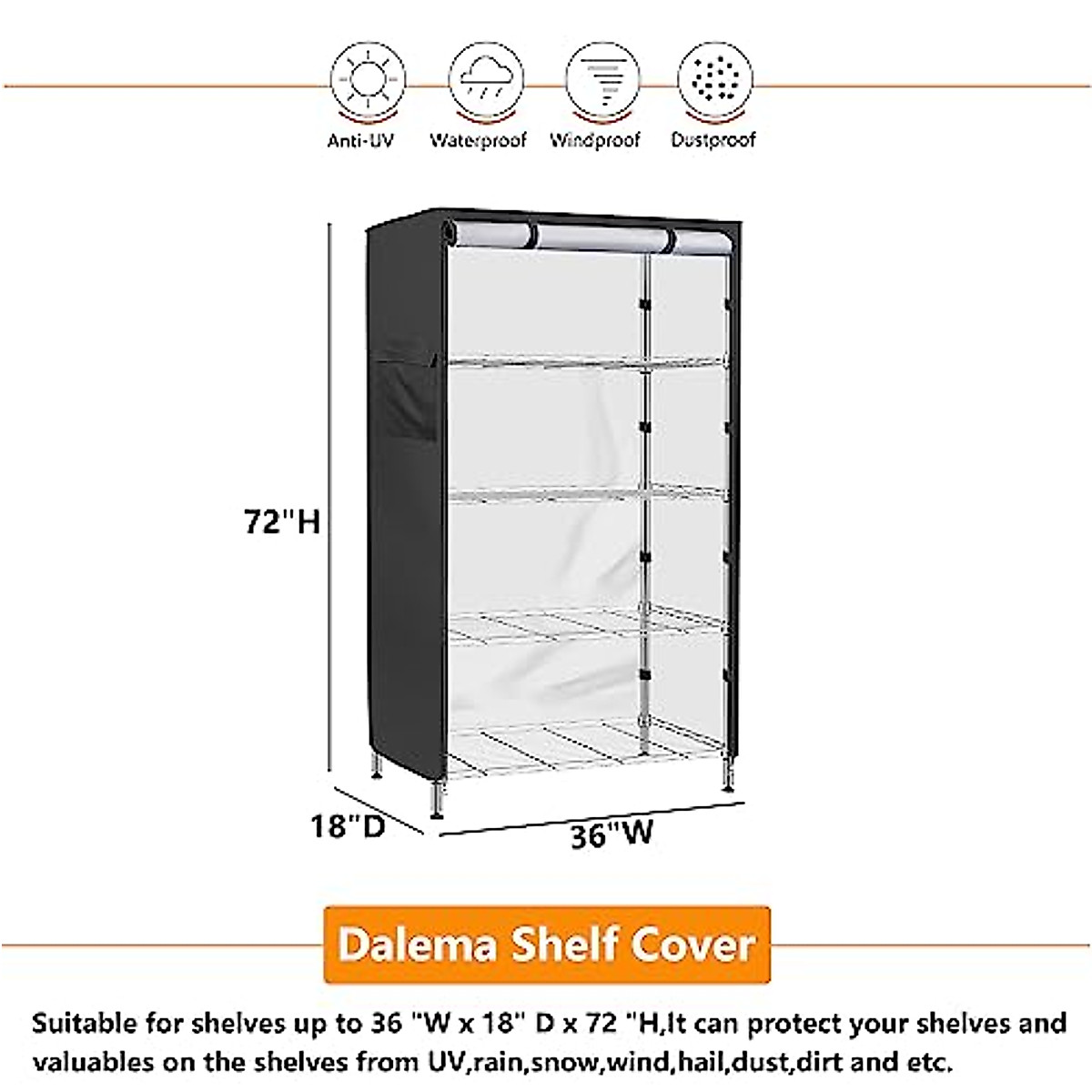 Dalema Waterproof Shelf Cover,Heavy Duty Dustproof Storage Shelving Unit Cover,Durable Steel Organizer Wire Rack Covers,Shelf Display Rack Protector Cover with Zipper.(Black,Fits 36x18x72 Shelf)