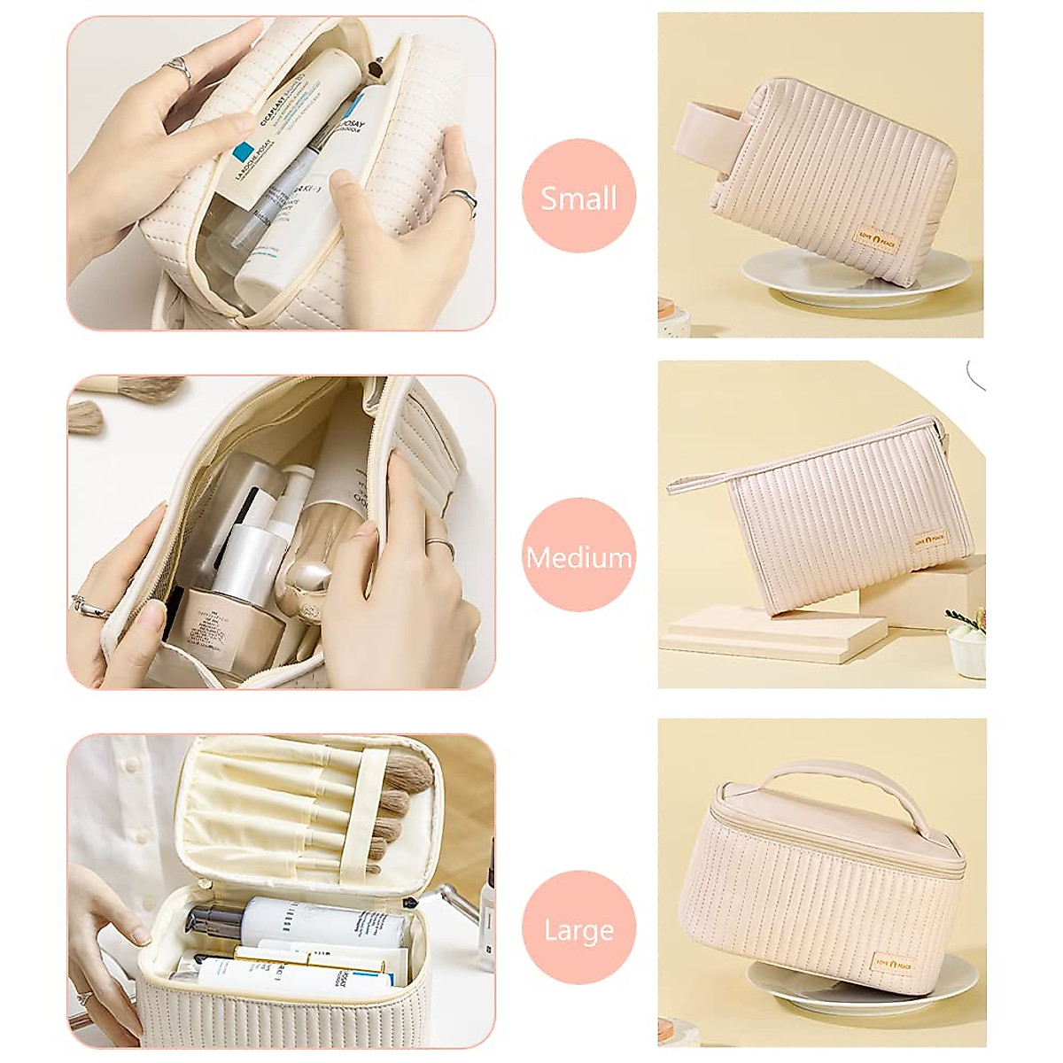 Linpr 3 Pcs Makeup Bag Set, Portable Waterproof PU Striped Leather Toiletry Bags, Cute Travel Cosmetic Organizer for Women and Girls (White)