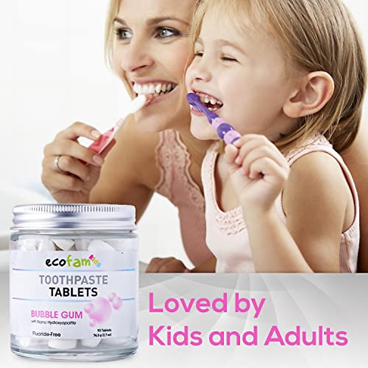 Ecofam Kids Toothpaste Chewable Tablets - 90 Natural Xylitol Tabs - Zero Waste Glass Jar - Travel Friendly - Fluoride-Free -with Nano Hydroxyapatite -Vegan - Made in The USA (Bubble Gum)