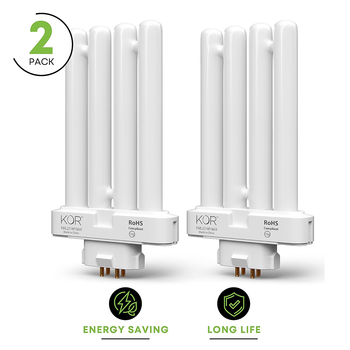 KOR Pack of 2 - FML27-65K Light Bulbs 27 Watt 4 Pin FML Lamp Replacement Bulb 6500K Natural Spectrum Daylight CFL 27W Plugin GX10Q-4 Base