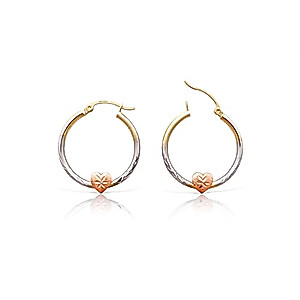 Hoberta Tricolor Heart Gold Hoop Earrings - Real Yellow14k Gold Earring for Women Girls - Solid Jewelry for Hypoallergenic & sensitive ears- Shiny & Round Original 14 Karat for Gifts (20mm)