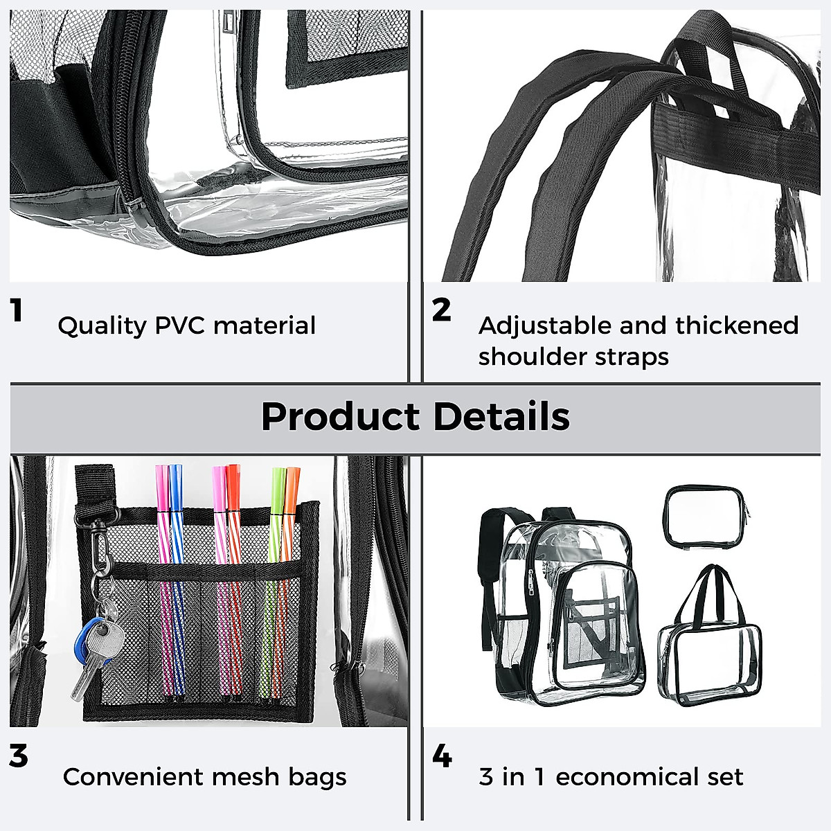 GEKMOR 3Pack Clear Backpack Set Stadium Approved, Transparent Backpack with See Through Lunch Bag and Pencil Case-Heavy Duty PVC