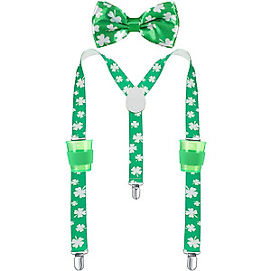 Geyoga St Patricks Green Suspenders St Patricks Day Suspenders Adjustable Elastic Men's Suspenders with Clips Shamrocks Suspender with Shamrocks Bowtie Cups Pins Saint Patricks Day Accessories