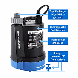 DEKOPRO Submersible Water Pump 1/3 HP 2450GPH Utility Pump Thermoplastic Electric Portable Transfer Water Pump with 10-Foot Cord for Pool Tub Garden Pond Draining