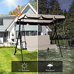 QZEN 3-Seat Porch Swing with Stand, Outdoor Patio Swing Chair with Adjustable Canopy and Durable Steel Frame for Patio, Backyard