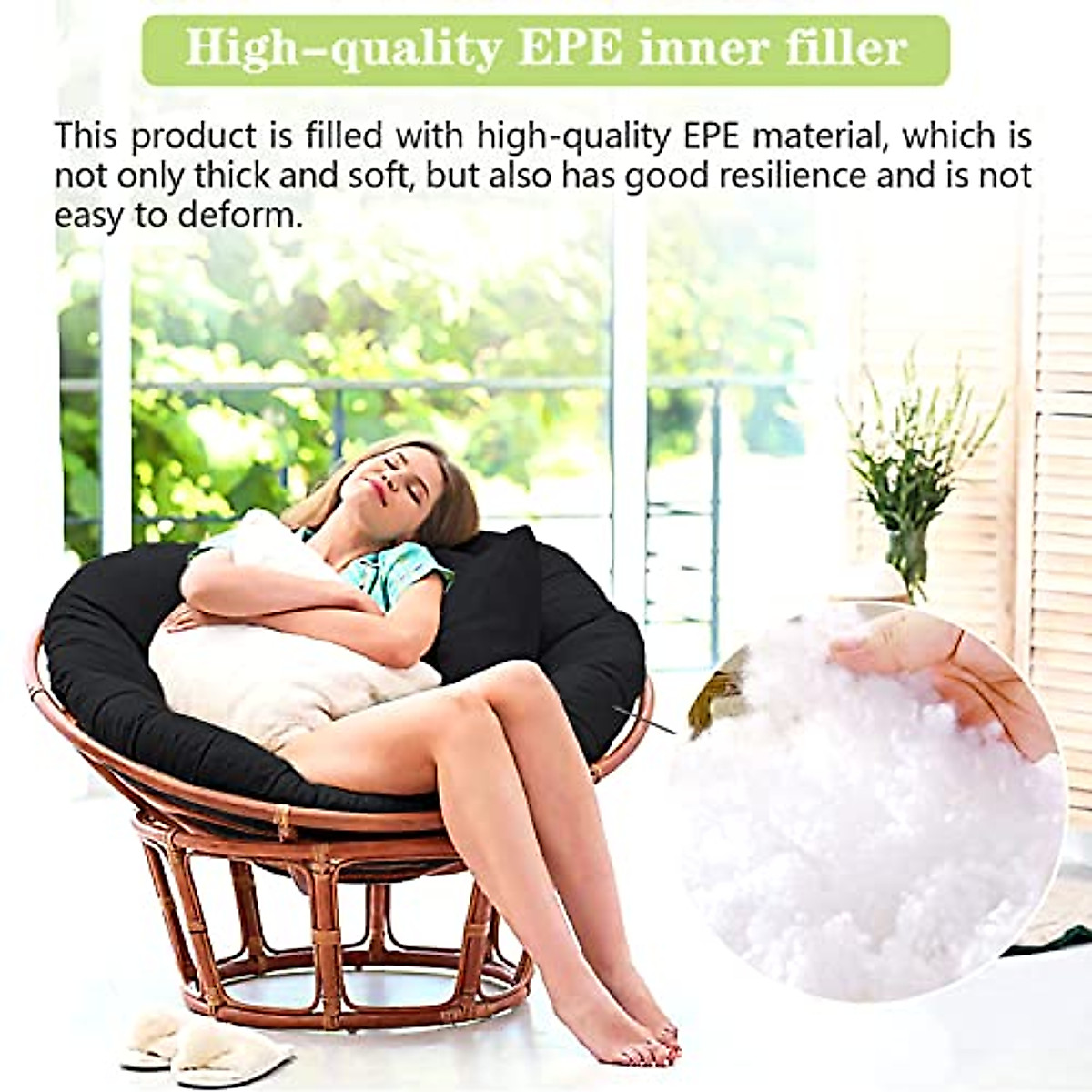 Bextile Papasan Chair Cushion Only, Thickened Round Papasan Chair Cushion, Leisure Papasan Seat Cushion with Square Pillow (Black)