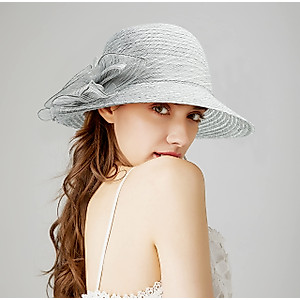 Bellady Women's Organza Wide Brim Flower Wedding Tea Party Hat Church Dress Sun Hat,Light Gray
