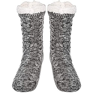 SIMIYA Mens Warm Fleece Lined Winter Soft Non Slip Socks Christmas Gift Mens Slipper Socks(Grey), Medium