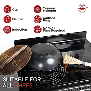 Küchenmeister 12.5-Inch Carbon Steel Wok Pan with Lid, Brush, Oil Strainer - Flat Bottom Woks & Stir Fry Pans Nonstick for Induction, Electric, Gas, Halogen Stoves