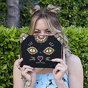Mary Frances Purrsuasian Beaded Sugar Skull Cat Crossbody Clutch Handbag, Black
