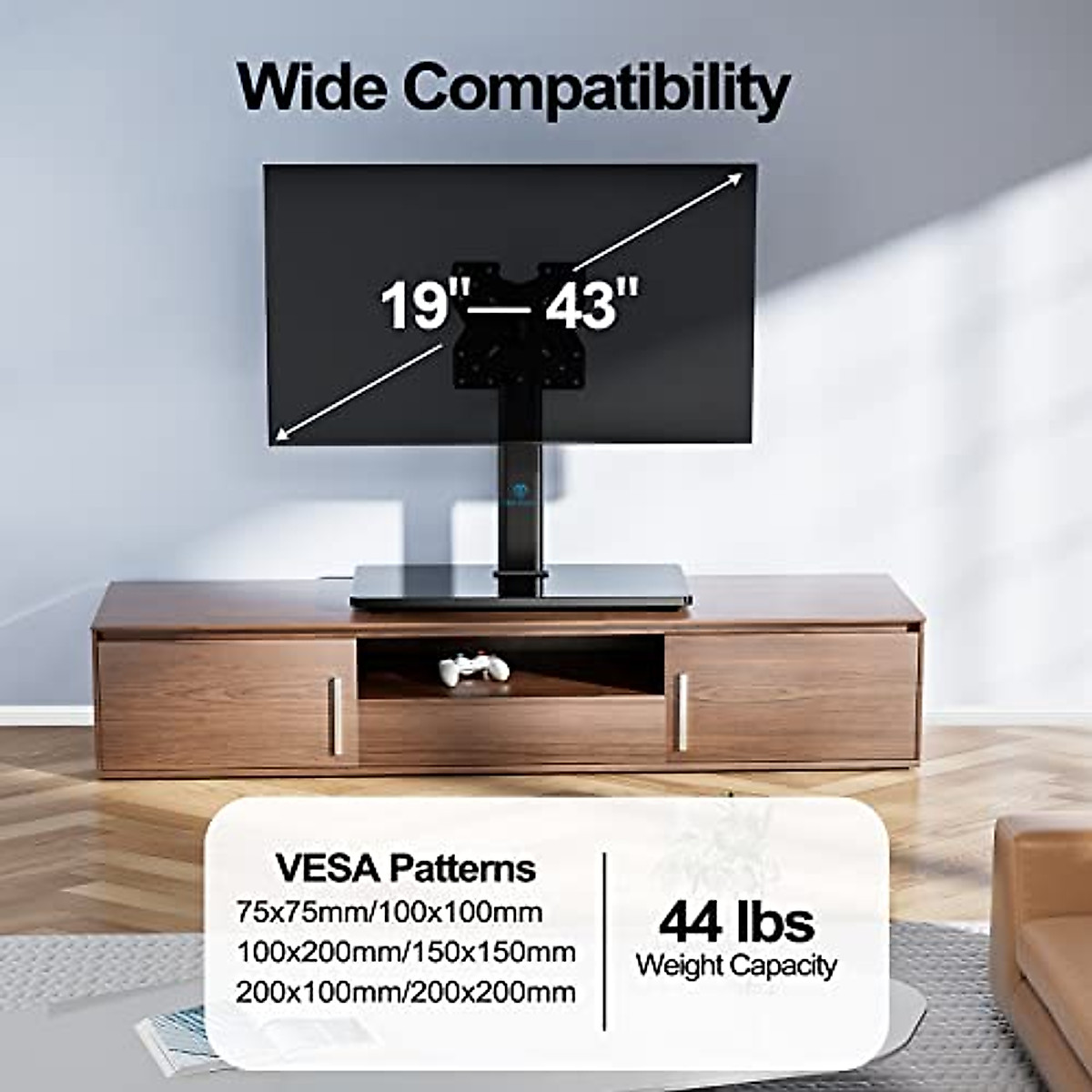 PERLESMITH Swivel Universal TV Stand/Base - Table Top TV Stand for 19-43 inch LCD LED TVs/Monitor/PC - Height Adjustable TV Mount Stand with Tempered Glass Base, VESA 200x200mm, PSTVS07