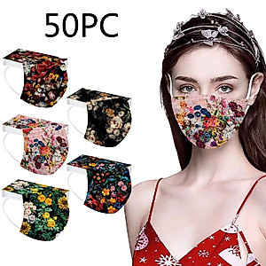 FOLOU 50PC Summer Flower Disposable Face_Masks with Designs, 3-Ply Floral Breathable Face_Mask with Nose Wire, Protective with Printed Design for Adults Holiday Party (Floral-D),50 Count (Pack of 1)