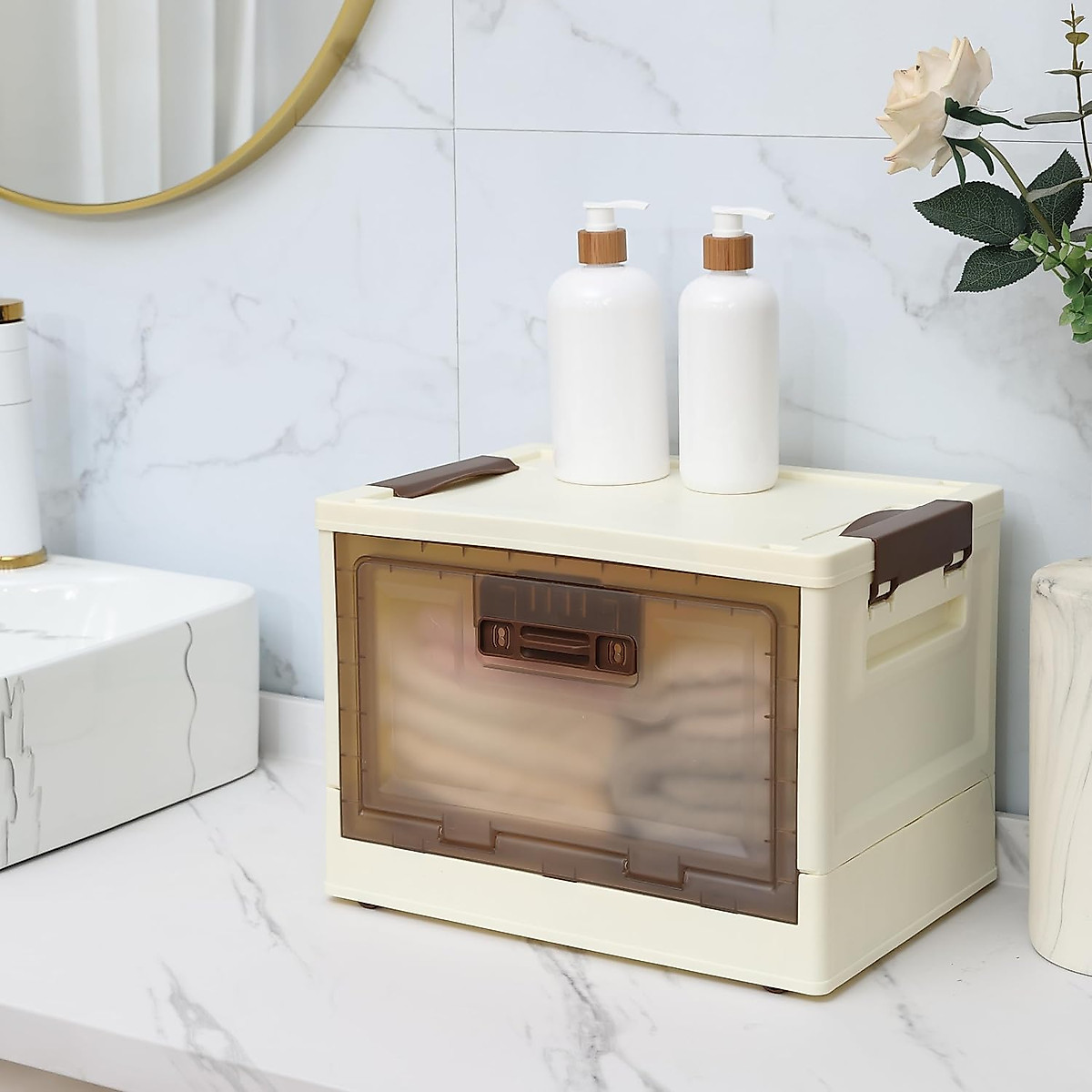 HMINYIYI 1 Pack Collapsible Stackable storage bins with lids and Wheels,11.56 Gal Sturdy Plastic Foldable Box Trunk Bedroom organizers, 20.8"x14.8"x9.84", sideway open, Under Bed Storage Container