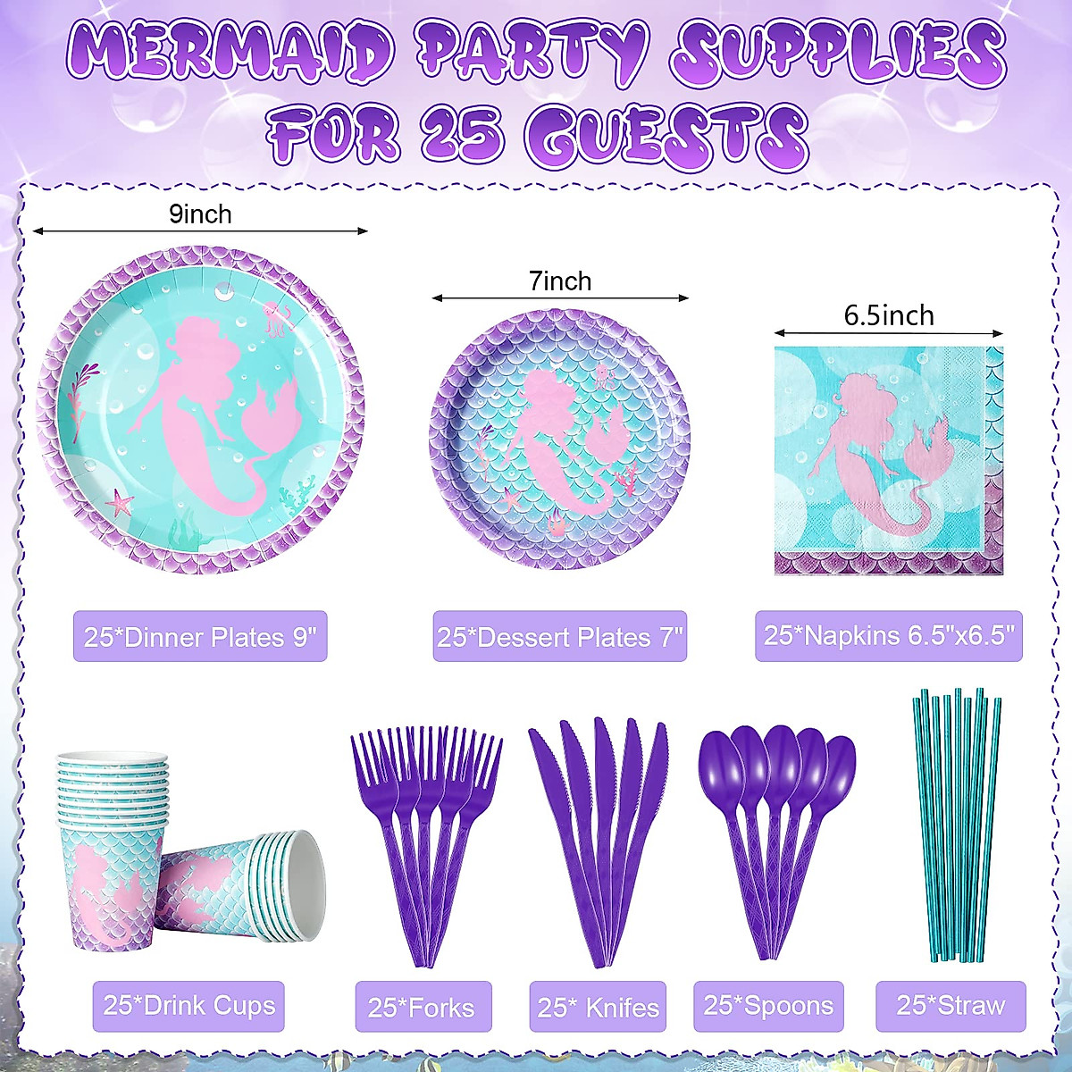 200Pcs Mermaid Paper Plates and Napkins Set,Mermaid Birthday Party Supplies Disposable Dinner Tableware Plates Napkins Cups Knives Spoons Fork for Mermaid Kids Birthday Party Decorations,Serve 25Guest