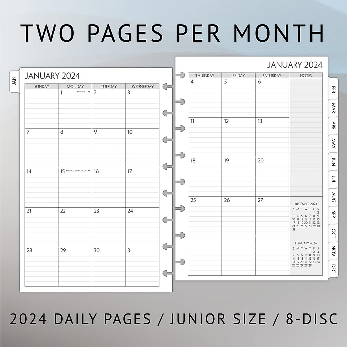 2024 Daily & Monthly Planner Refills for 8-Discbound Junior Size Planners - Appointment Schedule & To Do List, Monthly Tabs, 8-Disc Punched, Jan 2024 - Dec 2024