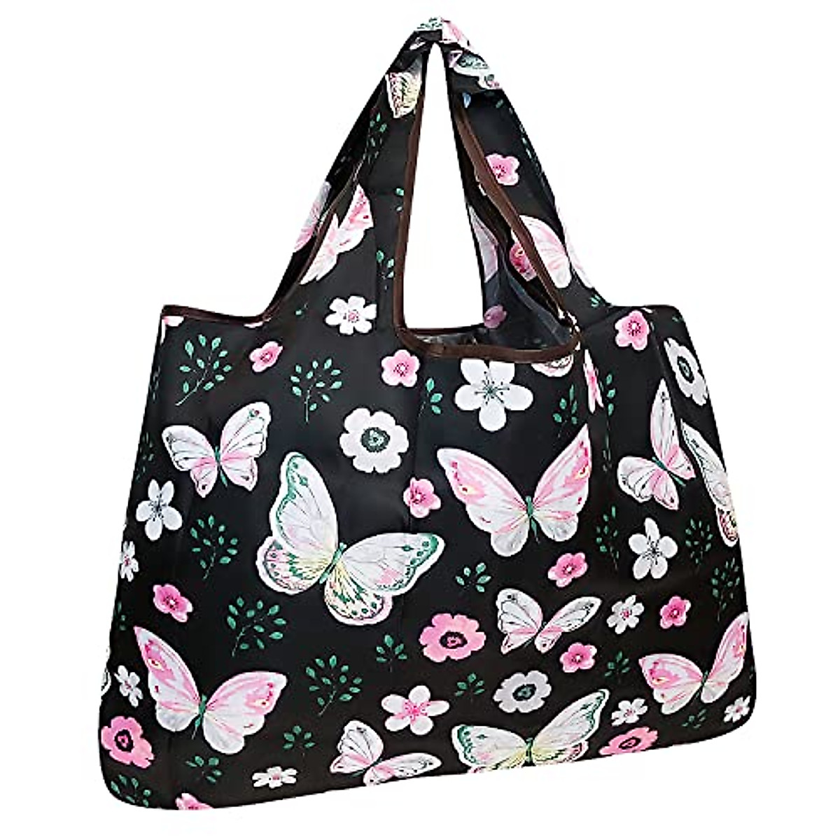 allydrew Large Foldable Tote Nylon Reusable Grocery Bags, Midnight Butterfly