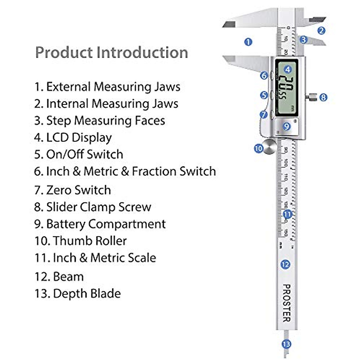 Proster Digital Vernier Caliper 6inch/150mm + 32 Feeler Gauges Dial Calipers Electronic Caliper Fractions/Inch/Metric Calipers Measuring Tool for Length Width Depth Inner/Outer Diameter