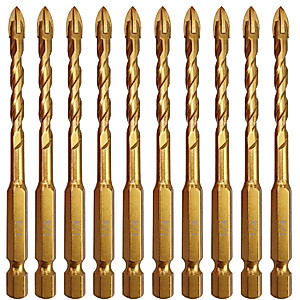Hymnorq 1/4 Inch Multi-Purpose Masonry Drill Bits 10pc Pack, YG6X Carbide Tipped 4 Edges Cross Spear Head, 1/4 Hex Shank, Titanium Coated Surface, for Glass Tile Concrete Wood Ceramic Brick Marble