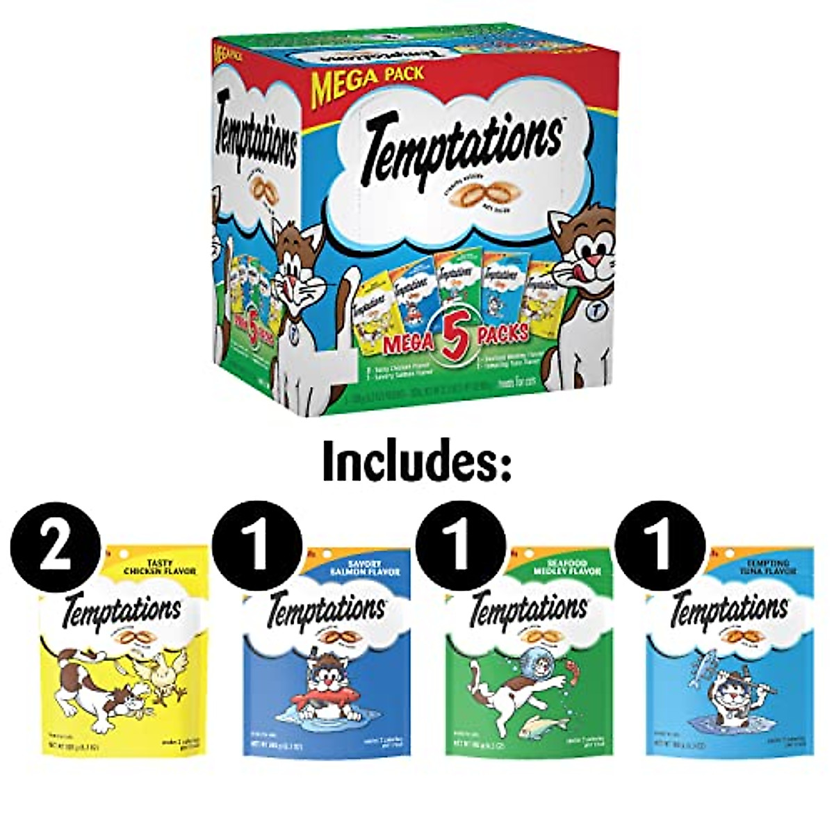 TEMPTATIONS Classic Crunchy and Soft Cat Treats Mega Pack, (5) 6.3 oz. Pouches