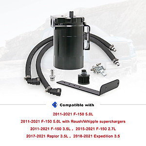 RULLINE Oil Catch Can Kit Oil Separator Reservoir Tank Engine Polish Baffled Compatible with 2011-2019 Ford F150 2.7EB 3.5EB 5.0 Passenger Side with Breather Filter,Aluminum,Black,400ml