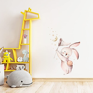 Wland 17.3 in x 25.6 in Cute Cartoon Rabbit Watercolor Bunny Catching Moon Stars Balloon Removable Vinyl Wall Decals Stickers for Children Room Nursery Decoration Baby Boy Girl Bedroom
