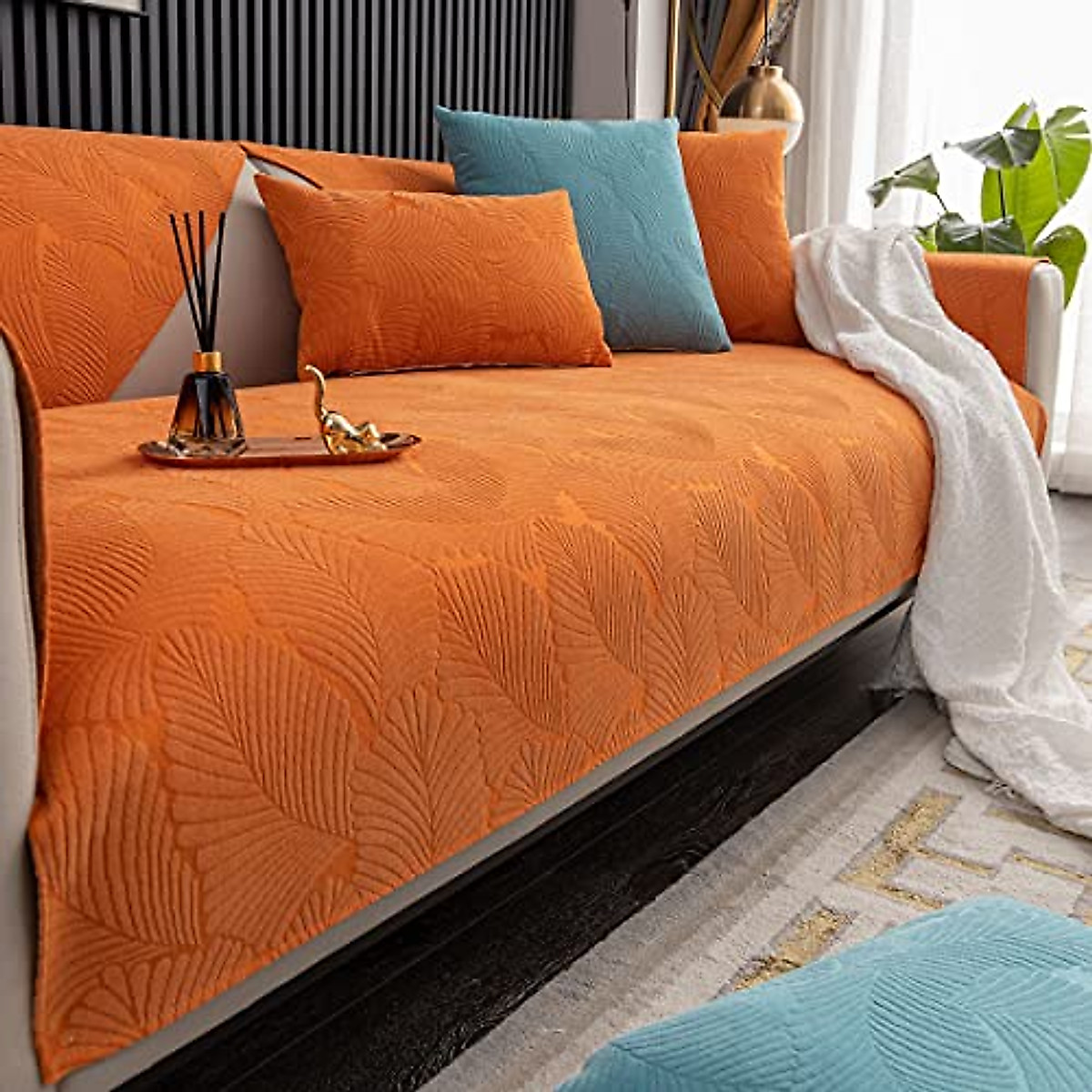 Tufted Chenille Sofa Couch Covers Palm Leaf Sectional Couch Covers Sofa Slipcover for Dogs Cats Pet Love Seat Recliner Leather L Shaped,Armrest Backrest Cover(Orange,43"x94")