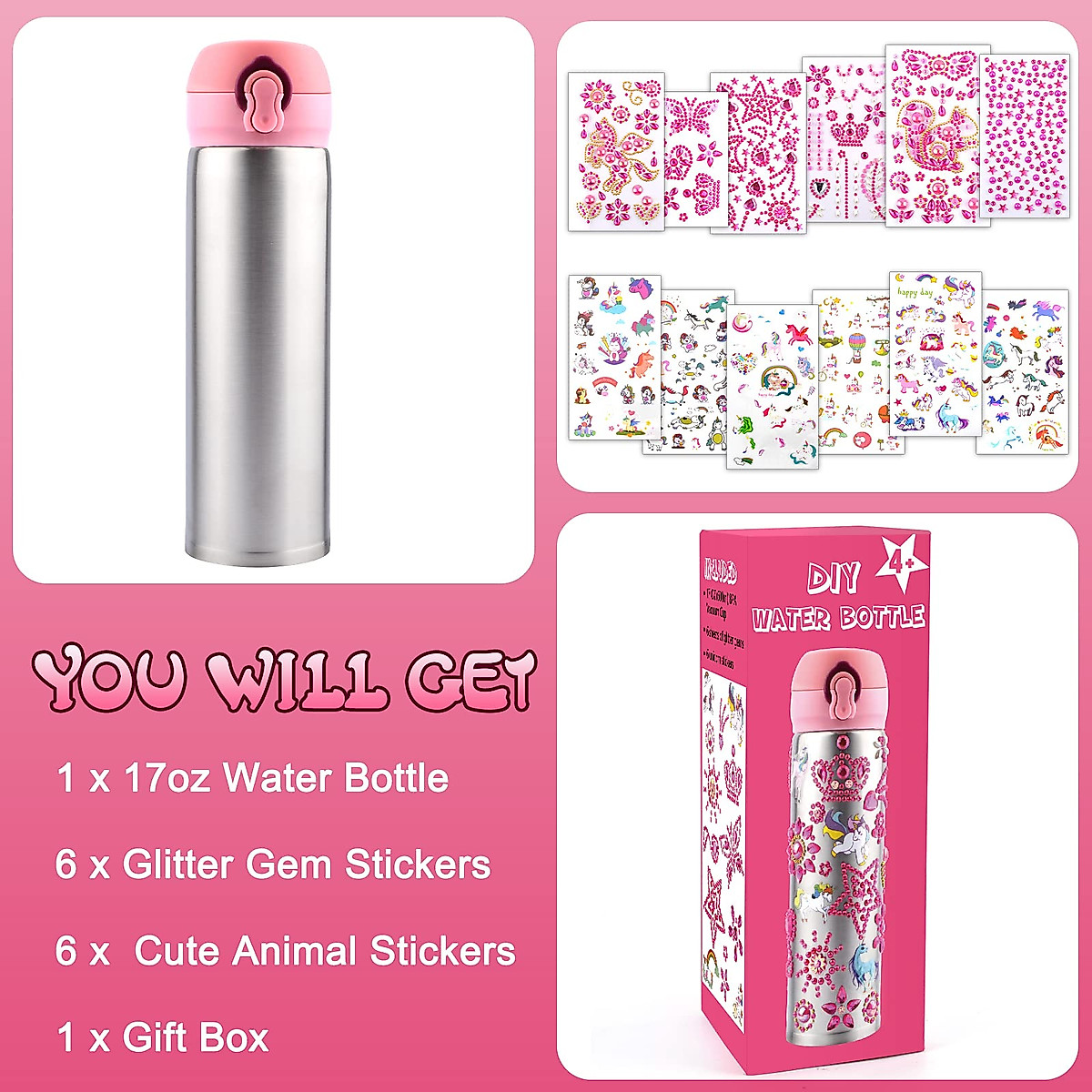 Coosilion 17 oz Insulated Water Bottle, DIY-0718, Pink, Stainless Steel, Decorate Your Own Water Bottle for Girls, 304 Food Grade, BPA Free, Leakproof, 17 fl oz, Water Bottle