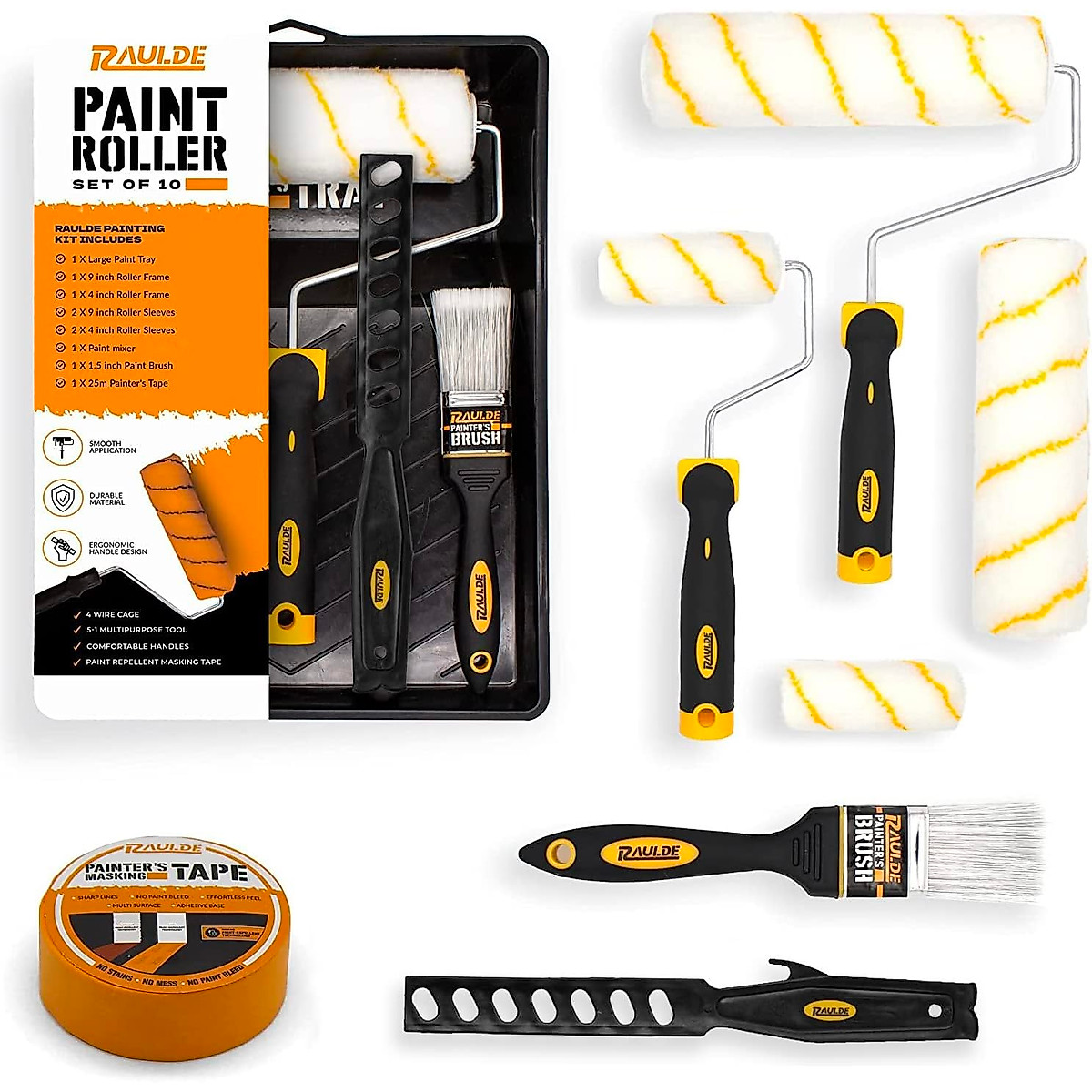 Raulde Paint Roller Kit of 10 Pcs - Includes a Paint Tray, Brush, Large and Mini Rollers & Sleeves, Paint Repellent Masking Tape, Paint Mixer - Roller Set for Painting Walls