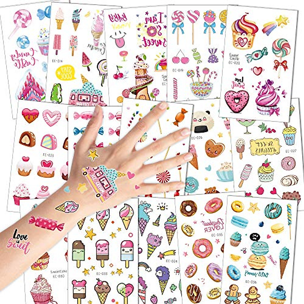 Konsait 176PCS Kids Temporary Tattoo, Fake Waterproof Tattoo Stickers For Children Girls Candy Lollipop Ice Cream Sweet Tattoos for Birthday Summer Beach Children's Day Gift Party Favors Supplies