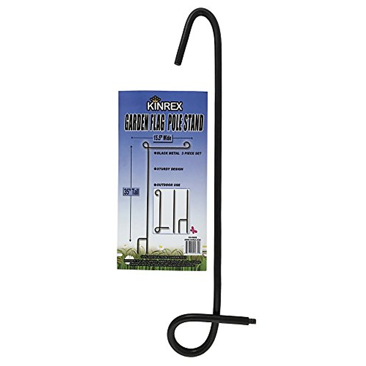 KINREX Garden Flag Pole Holder Stand - Black Metal Iron Wrought Stake Poles for Outdoor Garden Lawn Yard - 3 Piece Set - 35" Tall x 15.5" Wide