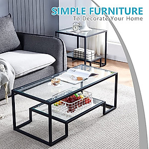 Black Metal Glass Coffee Table - Simple End Table for Living Room Home, Minimalist Metal Style Coffee Table with 2 Shelves, 21 inch Small Modern Side Table for Bedroom, Dinning Room,Office