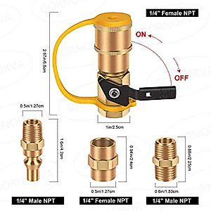 GORNORVA 5PCS 1/4" RV Propane Quick Connecting Fittings with Teflon Tape,Gas Quick Connect Fittings Includes 1/4" Female Shutoff Valve &Full Flow Plug,1/4" Male &1/4" Female NPT for RV,Trailer,BBQ