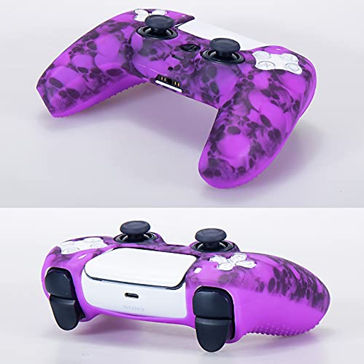 9CDeer 1 Piece of Silicone Transfer Print Protective Cover Skin + 10 Thumb Grips for PlayStation 5 / PS5 Controller Skulls Purple