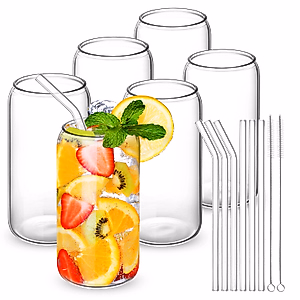 CWHHRN Glass Cups with Straw 6 Set, 16oz Beer Glasses, Glass Coffee Cups, Iced Coffee Glasses, Glass Tumbler for Whiskey, Soda, Tea (4 PACK)