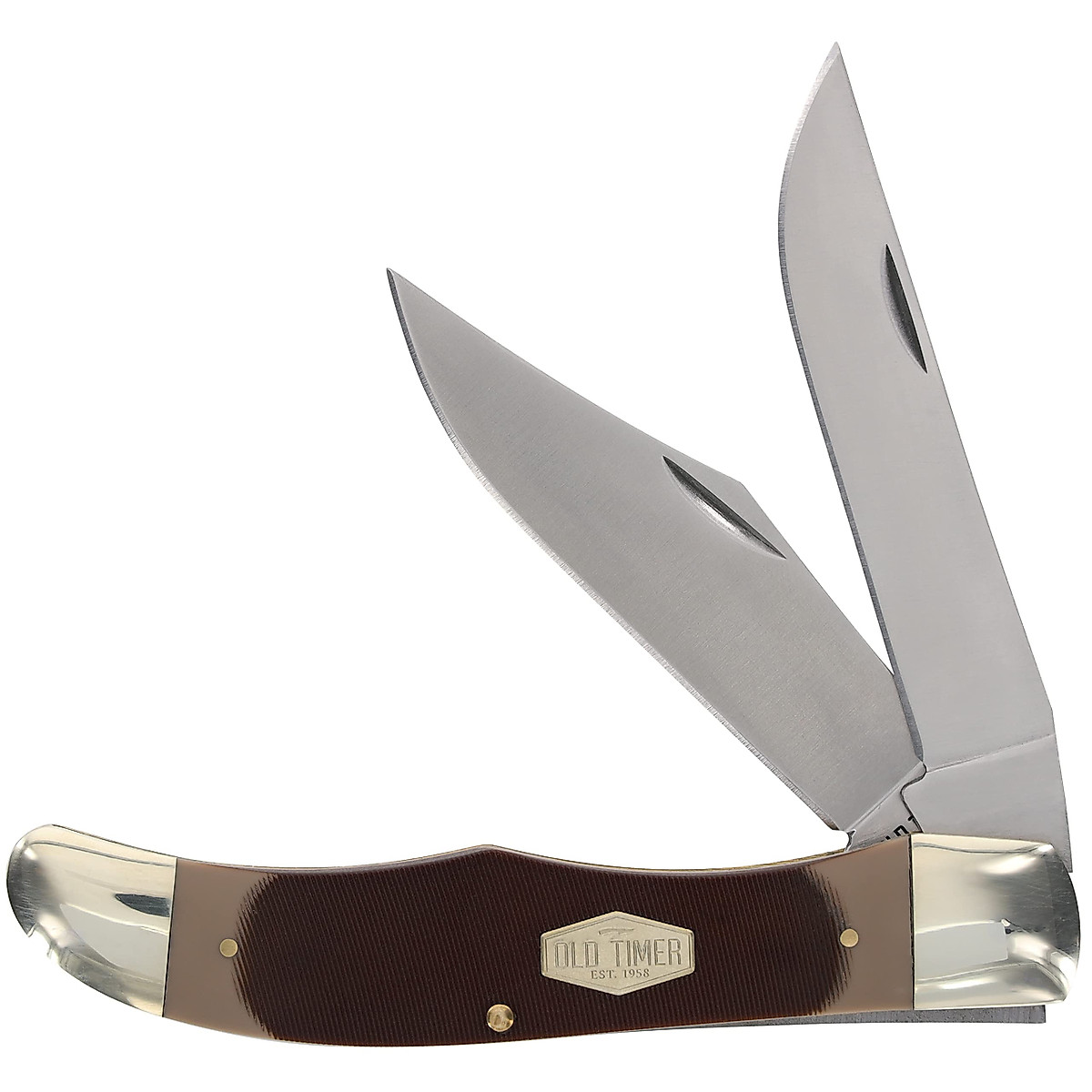 Old Timer 25OT Folding Hunter 9.3in Traditional Folding Pocket Knife with 2 High Carbon SS Blades, Ergonomic Sawcut Handle, and Leather Belt Sheath for EDC, Hunting, Camping, Whittling, and Outdoors