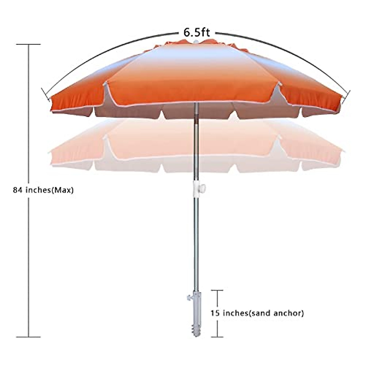 AMMSUN 6.5 ft Beach Umbrella with Sand Anchor,Portable Beach Umbrellas for Sand Heavy Duty Wind,UV 50+ Sun Protection Umbrella for Beach Patio Garden Outdoor,Carry Bag (Orange)
