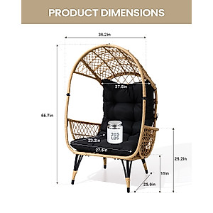 JOINHOM Hand Woven Wicker Egg Chair, Patio Sun Shade Egg Chair with Wide Armrest Allow You to Relax, Strong Metal Frame Lounge Chair w/Cushion for Garden, Balcony, Living Room
