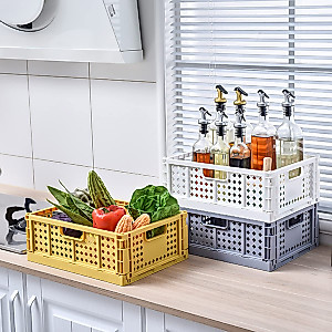 Ymeibe Folding Storage Crates for Shelf 11.75" x 7.75" x 4.5" Collapsible Stackable Container Basket Boxes with Handles Kitchen Storage Bins Drawer Organizer for Office Desk Bathroom