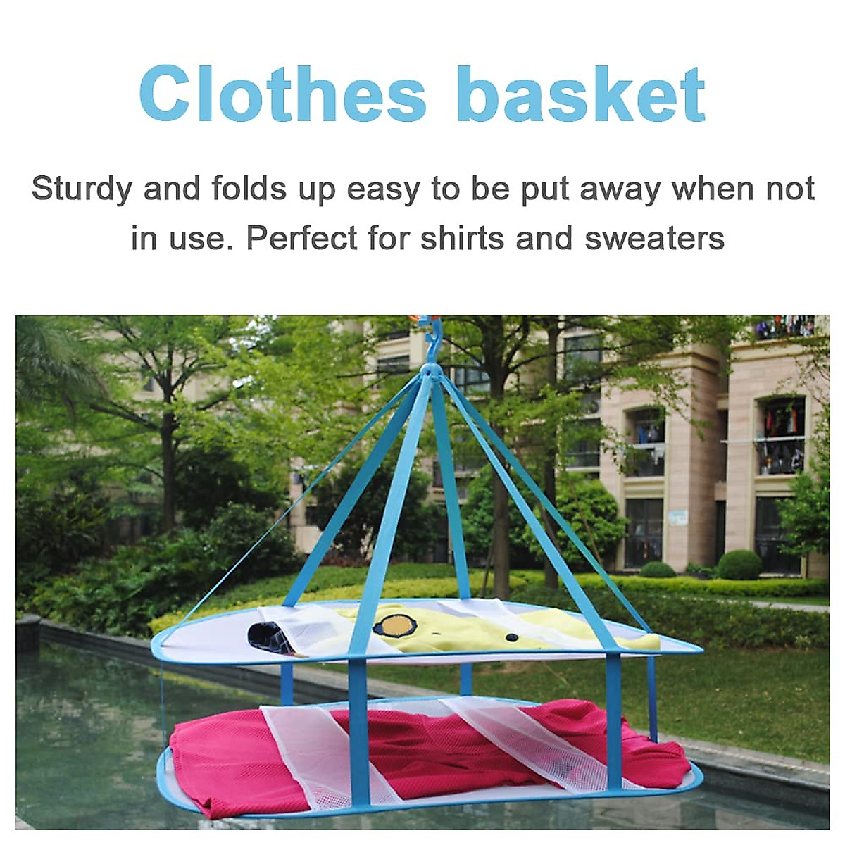 2 Tier Folded Mesh Clothes Hanging Dryer Sweater Drying Rack,Windproof Laundry Drying Rack,Foldable Hanging Mesh Dryer for Underwear Lingerie Sweater Outdoor, Indoor(blue,size:30.7x24x23.6inch)