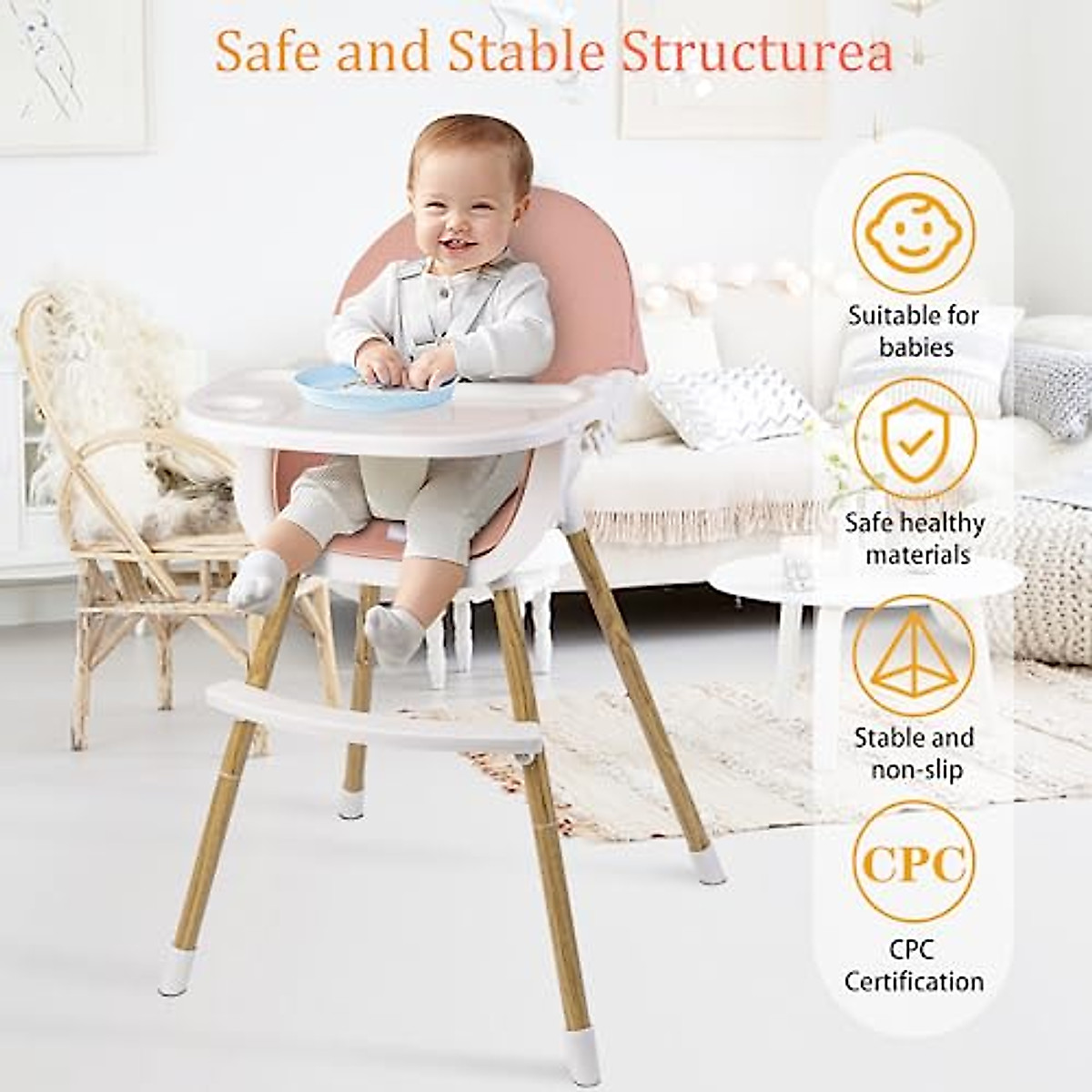 Baby High Chair, 3 in 1 High Chair for Toddlers, Convertible Infant Highchair with Removable Tray & Safety Harness, Adjustable Legs, Made of Sleek Hardwood & Premium Leatherette(Pink)