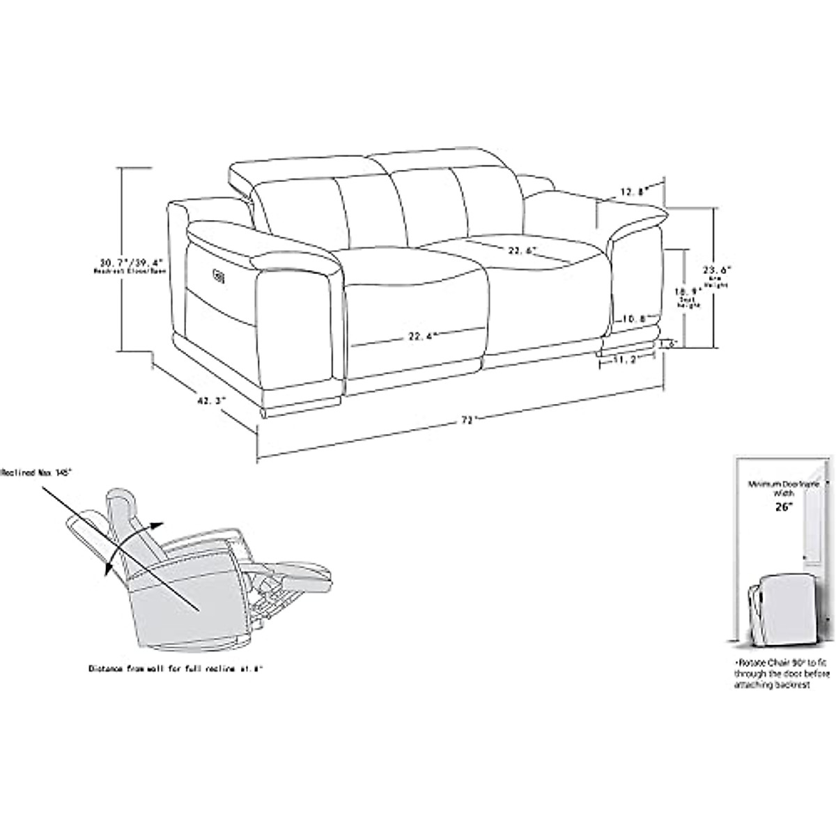 Blackjack Furniture Lorenzo Mid Century Modern Italian Leather Living Room Power Reclining, Loveseat, 72", White