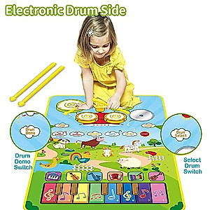 1 Year Old Boy Toys, 3 in 1 Musical Toys for Toddlers 1-3 Piano Keyboard, Drum Mat with 2 Drum Sticks, Animal Touch Play Blanket Baby Toys for 12-18 Months Birthday Gifts for 1 2 3 Year Old Boys Girls