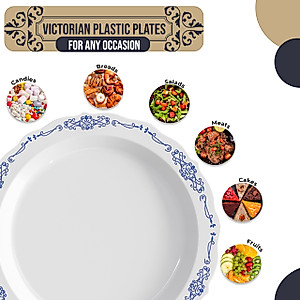 Exquisite Victorian Plastic Plates 60 Piece Plastic Disposable Plates for Party Set For 60 Guests 60 x 10 inch Plastic Dessert Plates Plastic Plates Disposable Heavy Duty White & Navy