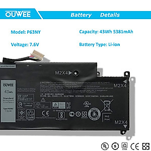 OUWEE P63NY Laptop Battery Compatible with Dell Latitude 13 7370 E7370 Series Notebook N3KPR XCNR3 0XCNR3 WY7CG G7X14 0G7X14 7.6V 43Wh 5381mAh 4-Cell