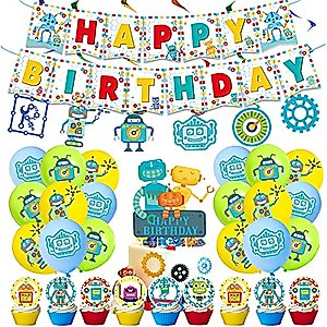 50Pcs Robot Party Supplies Set-Including Happy Birthday Banner,Cake Topper and Cupcake Toppers,Spiral Ornaments,Latex balloons for kid s Boys Robot Theme Party Decoration