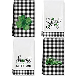 AnyDesign St. Patrick's Day Kitchen Dish Towels 18 x 28 White Black Buffalo Plaids Dishcloth Lucky Shamrock Clover Truck Drying Cloth Tea Towel Irish Decorative Hand Towel for Cooking Baking, 4 Pack